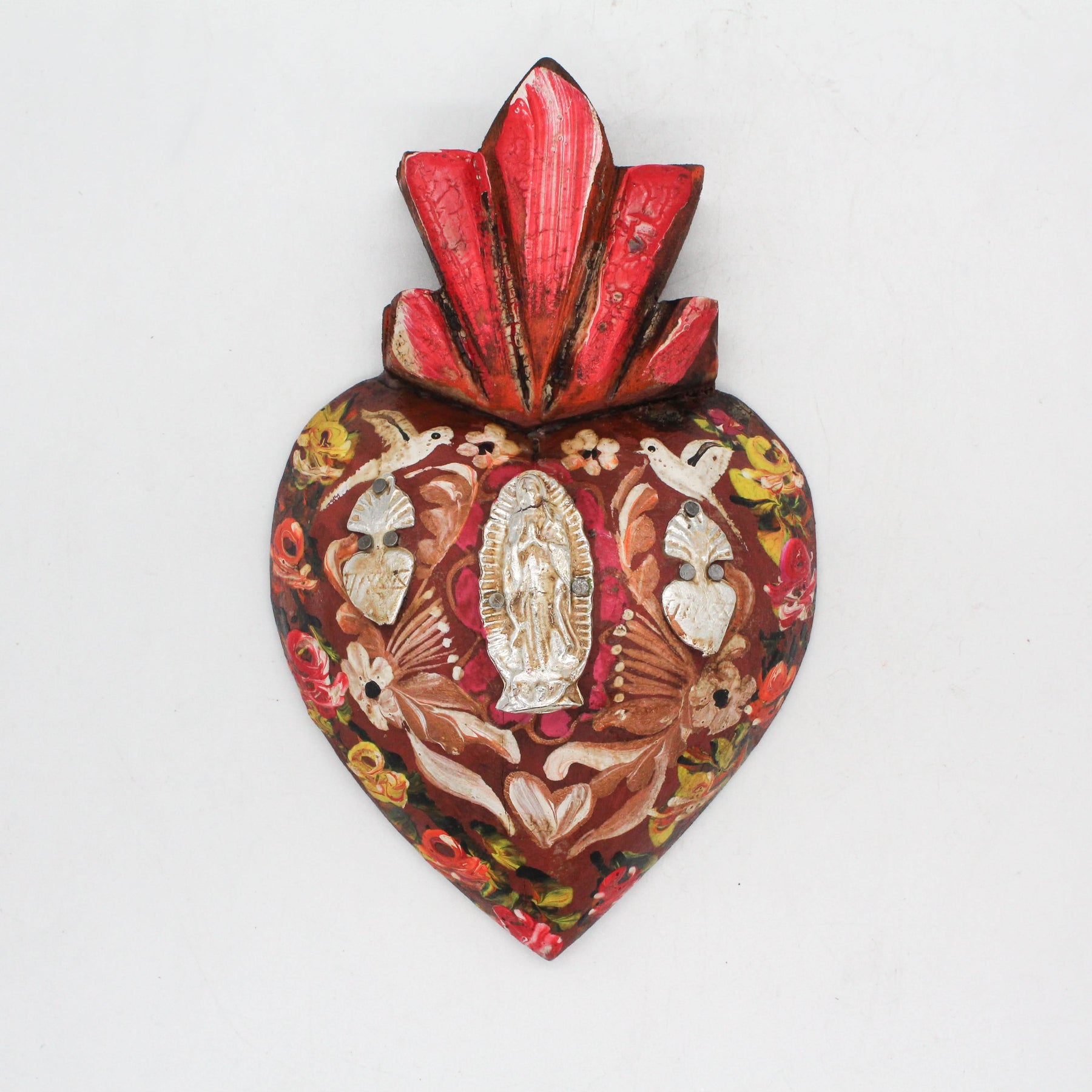 Virgen De Guadalupe Milagro Handpainted Heart (Red) – Mexico In My Pocket